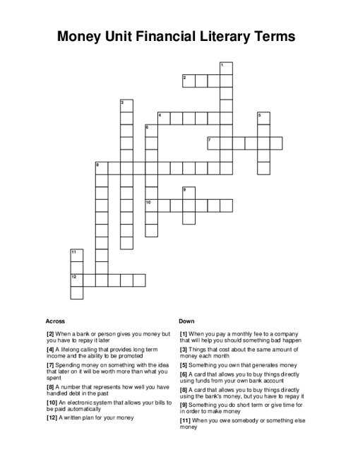 Money Unit Financial Literary Terms Crossword