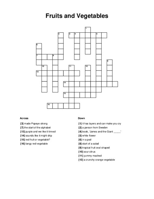 Fruits And Vegetables Crossword