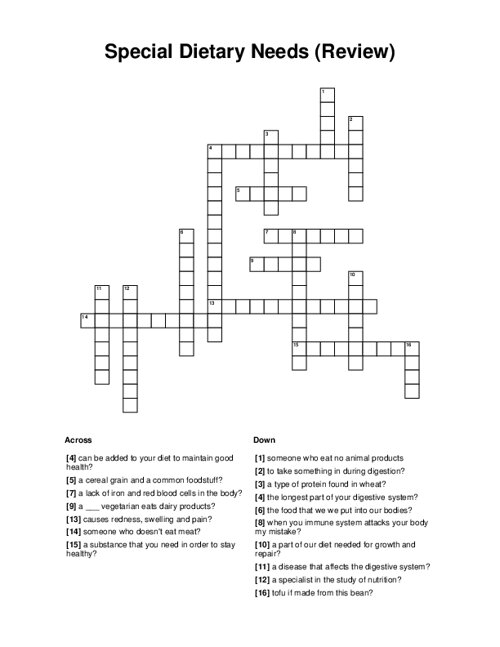 Special Dietary Needs Review Crossword Special Dietary Needs Review Crossword