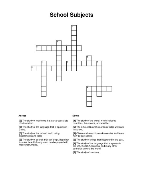 School Subjects Crossword School Subjects Crossword