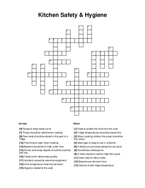 Kitchen Safety Hygiene Crossword