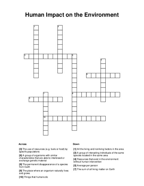 Human Impact On The Environment Crossword Puzzle Human Impact On The Environment Crossword Puzzle