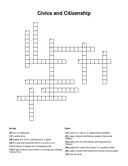 Civics And Citizenship Crossword Puzzle Civics And Citizenship Crossword Puzzle