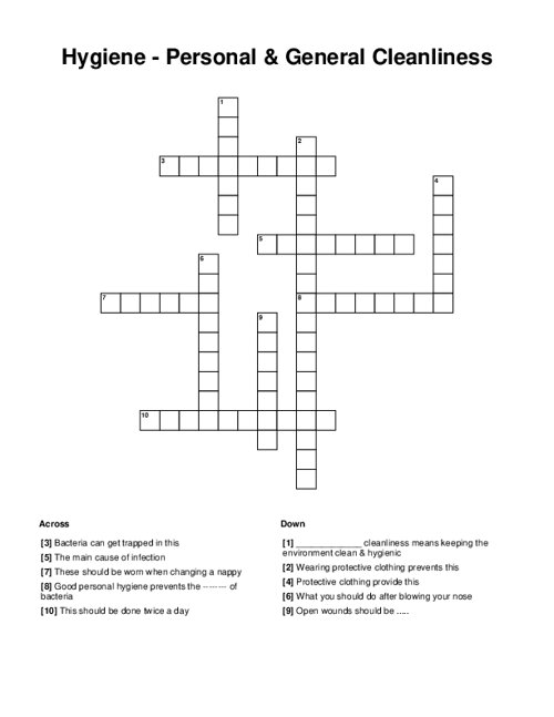 Hygiene Personal General Cleanliness Crossword