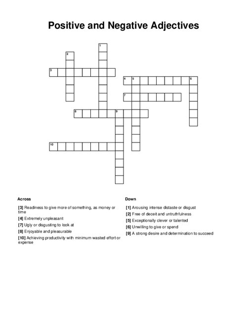 Positive And Negative Adjectives Crossword Puzzle