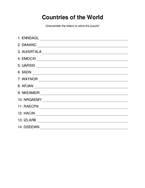 Countries Of The World Word Scramble