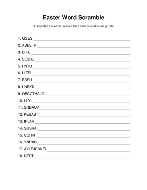 Easter Word Scramble Puzzle Printable