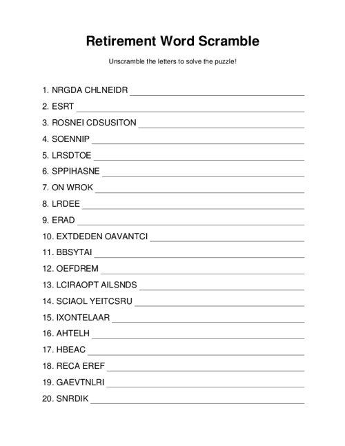 Retirement Word Scramble Retirement Word Scramble