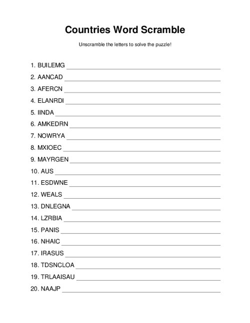 Countries Word Scramble Countries Word Scramble