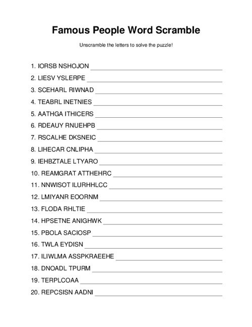 Famous People Word Scramble Famous People Word Scramble