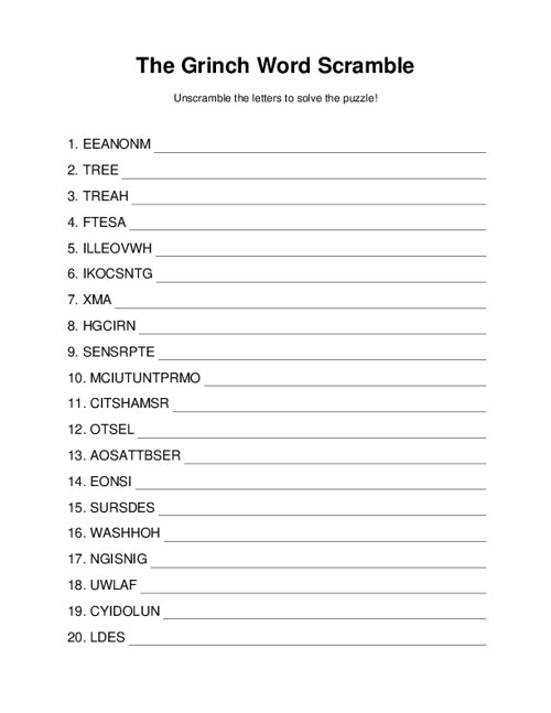 The Grinch Word Scramble The Grinch Word Scramble
