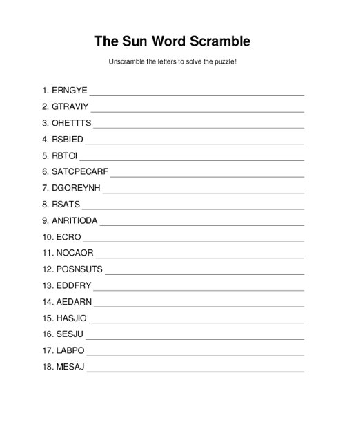 The Sun Word Scramble The Sun Word Scramble