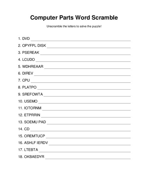 Computer Parts Word Scramble