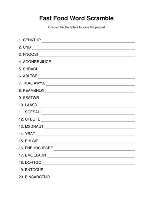 Fast Food Word Scramble Fast Food Word Scramble