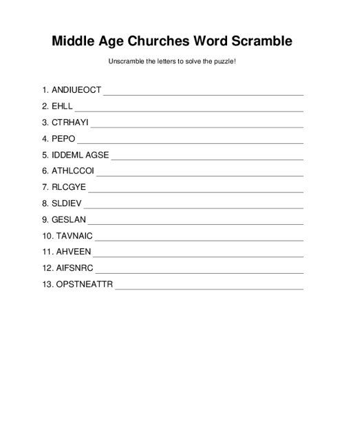 Middle Age Churches Word Scramble