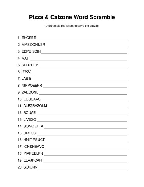 Pizza Calzone Word Scramble Pizza Calzone Word Scramble
