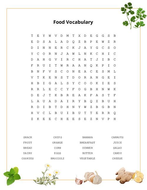 Food Vocabulary Word Search