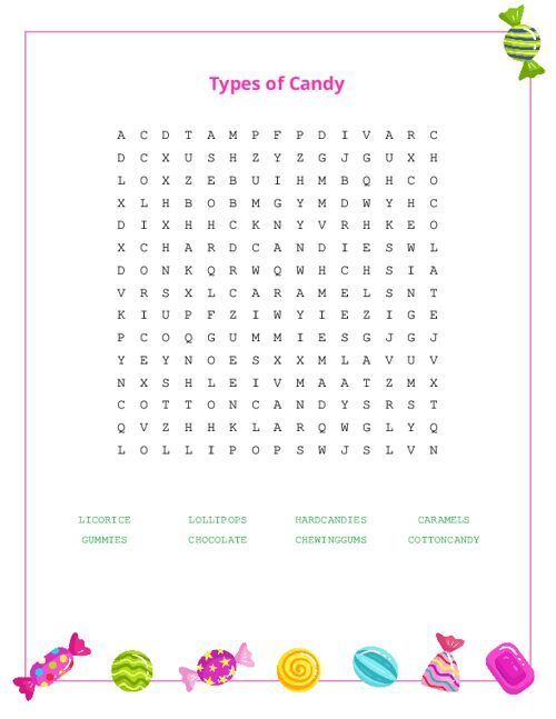 Types Of Candy Word Search