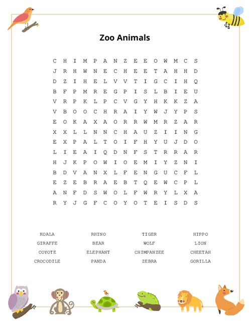 Zoo Animals Word Search