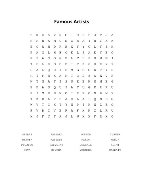 Famous Artists Word Search Famous Artists Word Search
