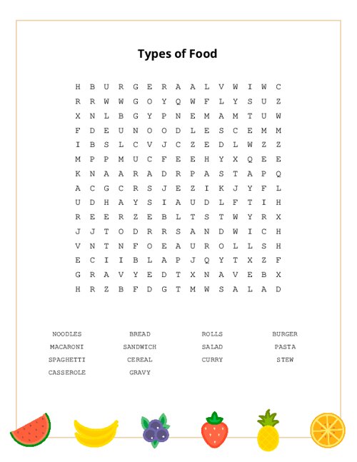 Types Of Food Word Search