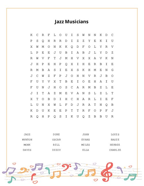 The Greatest Jazz Musicians Artists Word Search Puzzle
