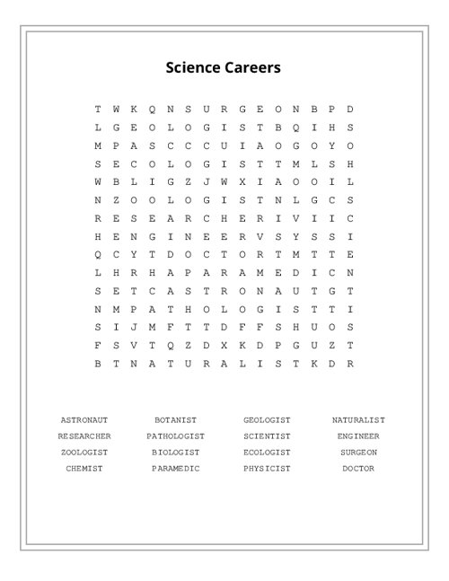 Science Careers Word Search Science Careers Word Search