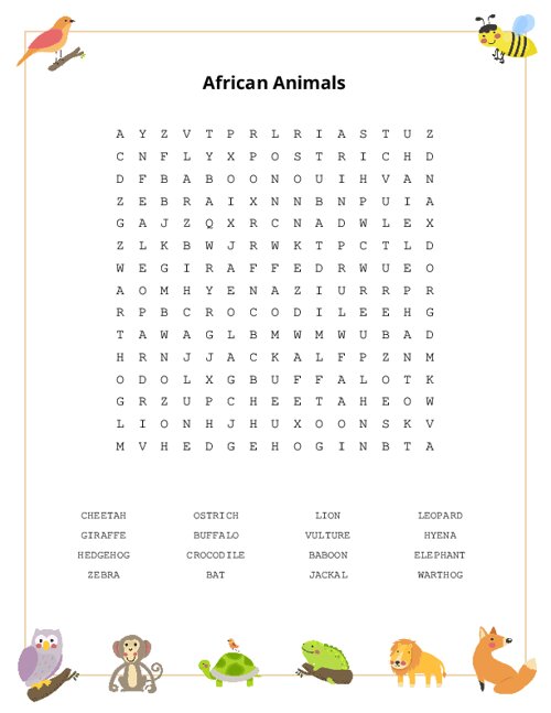 African Animals Word Search African Animals Word Search