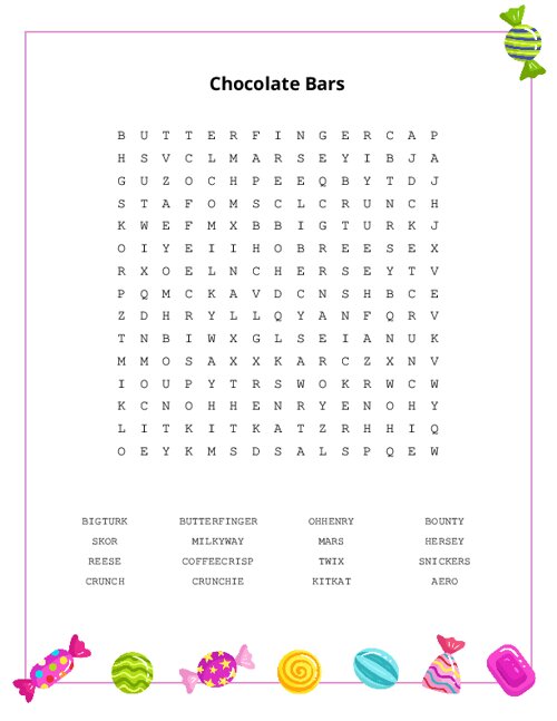 Chocolate Bars Word Search