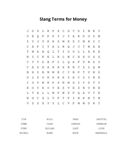 Slang Terms For Money Word Search