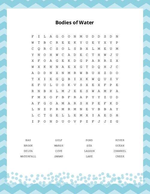 Bodies Of Water Word Search Bodies Of Water Word Search